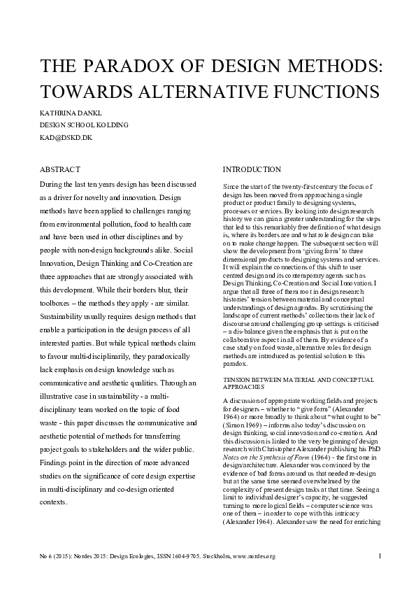(PDF) The Paradox of Design Methods: Towards Alternative Functions