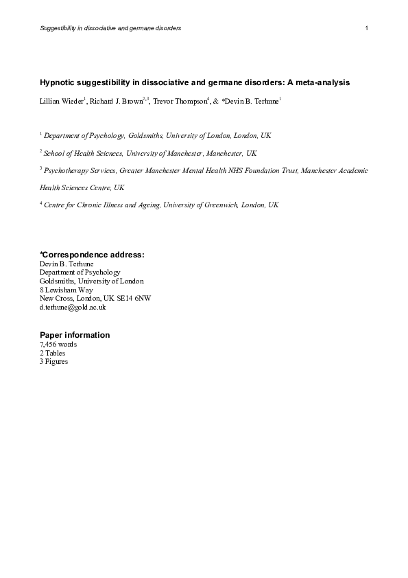 (PDF) Hypnotic suggestibility in dissociative and germane disorders: A meta-analysis