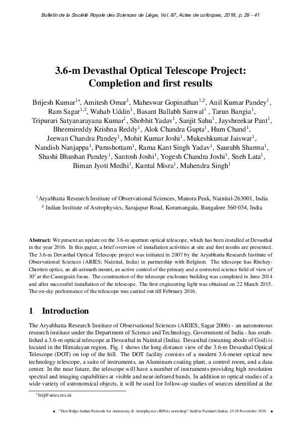 (PDF) 3.6-m Devasthal Optical Telescope Project: Completion and first ...