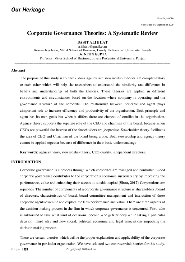 (PDF) Corporate Governance Theories: A Systematic Review