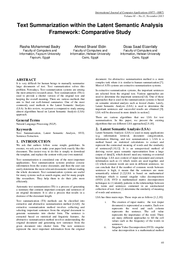 (PDF) Text Summarization within the Latent Semantic Analysis Framework: Comparative Study