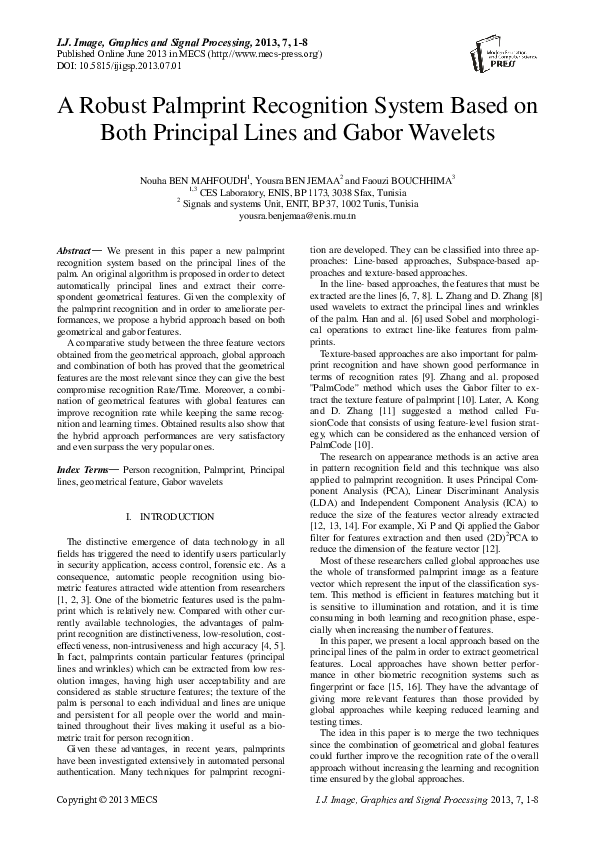 (PDF) A Robust Palmprint Recognition System Based on Both Principal Lines and Gabor Wavelets
