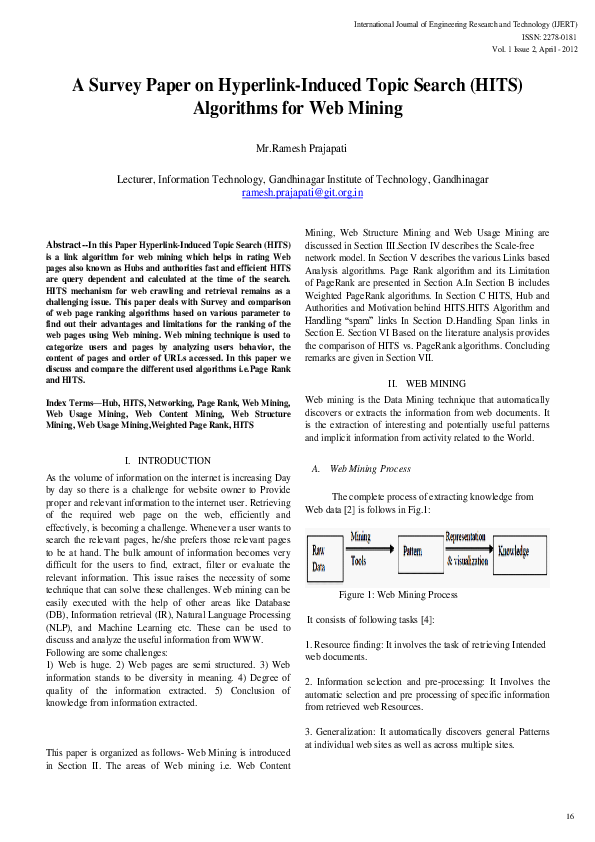 Pdf A Survey Paper On Hyperlinkinduced Topic Search Hits Algorithms For Web Mining