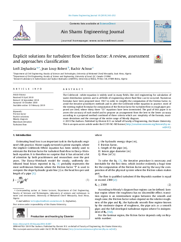 (PDF) Explicit solutions for turbulent flow friction factor: A review, assessment and approaches ...