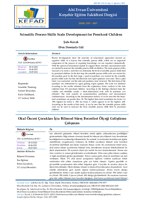 (PDF) Scientific Process Skills Scale Development for Preschool Children