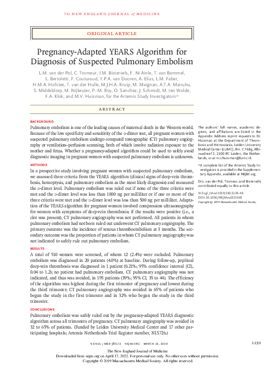 Pdf Pregnancy Adapted Years Algorithm For Diagnosis Of Suspected Pulmonary Embolism