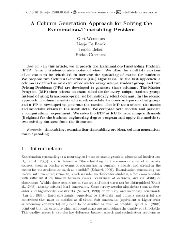 (PDF) A Column Generation Approach for Solving the Examination-Timetabling Problem