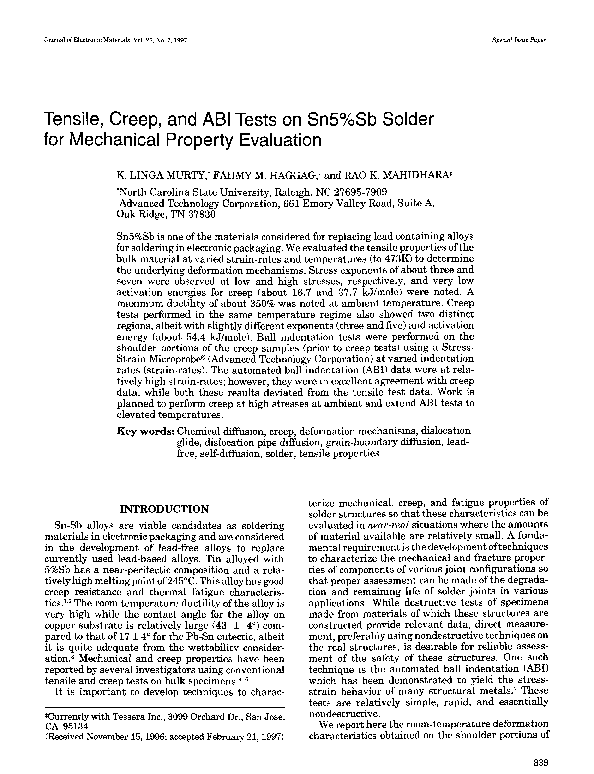 (PDF) Tensile, creep, and ABI tests on sn5%sb solder for mechanical ...