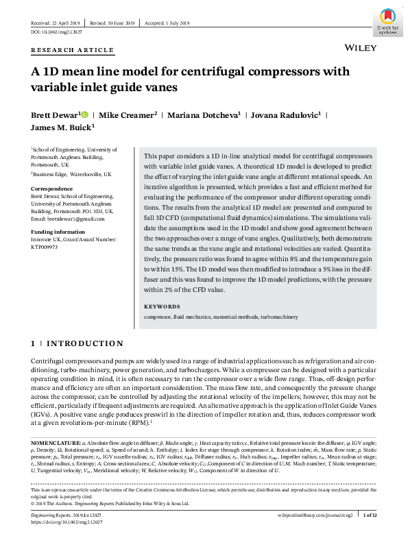 (PDF) A 1D mean line model for centrifugal compressors with variable ...