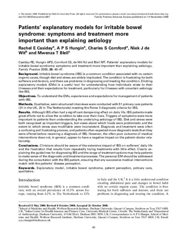 (PDF) Patients' explanatory models for irritable bowel syndrome ...