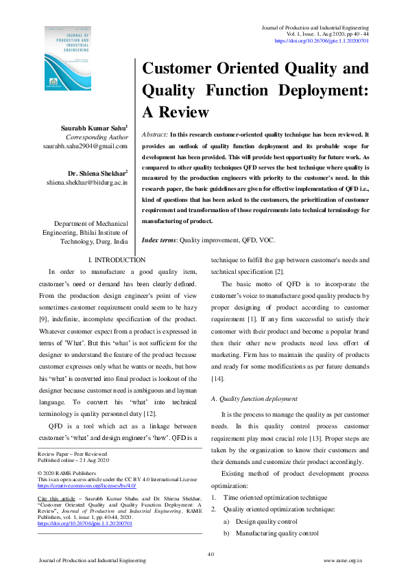 (PDF) Customer Oriented Quality and Quality Function Deployment: A Review