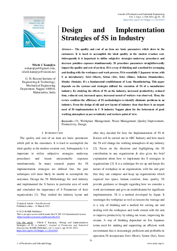(PDF) Design and Implementation Strategies of 5S in Industry