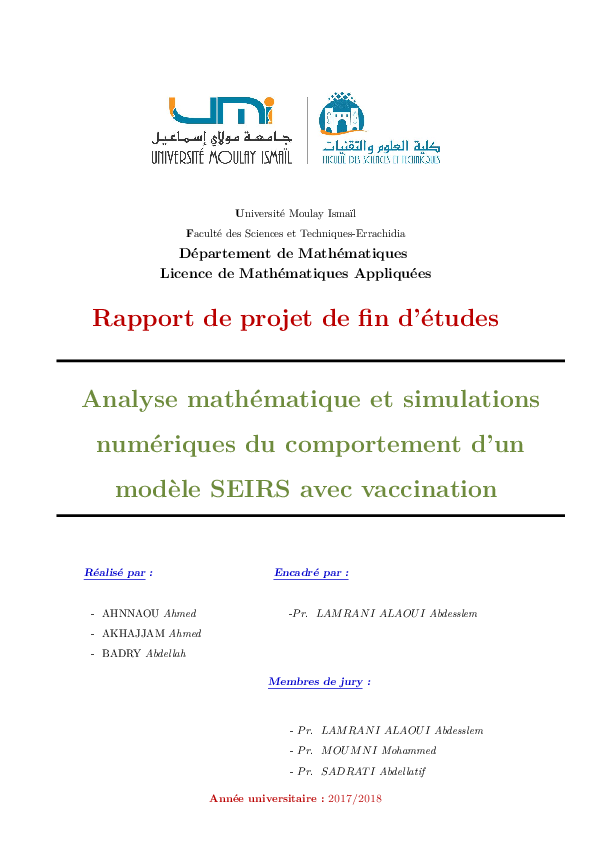 (PDF) Analyse mathématique et simulations numériques du comportement d'un modèle SEIRS avec ...