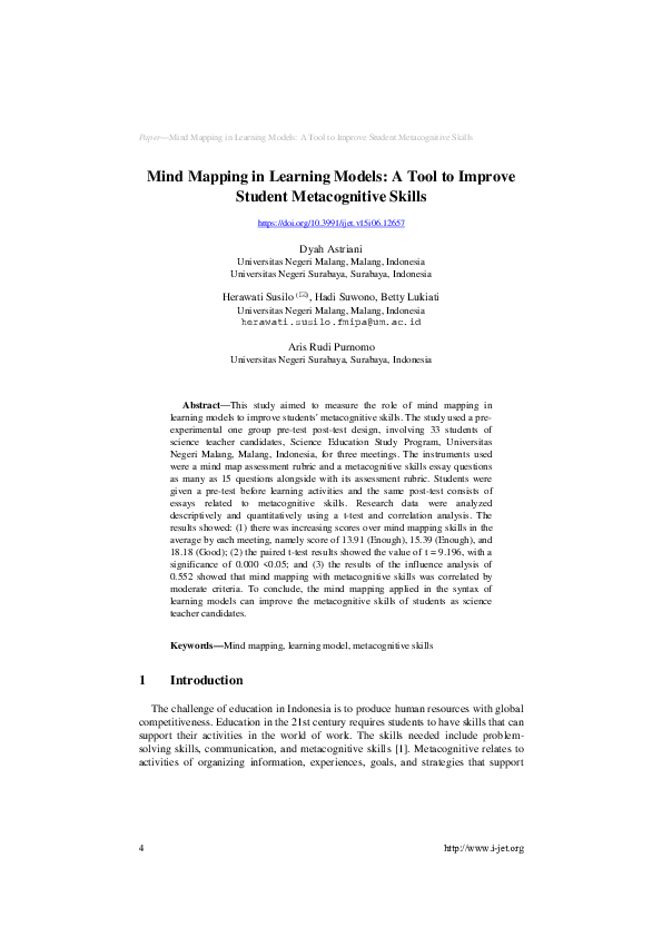 (PDF) Mind Mapping in Learning Models: A Tool to Improve Student Metacognitive Skills