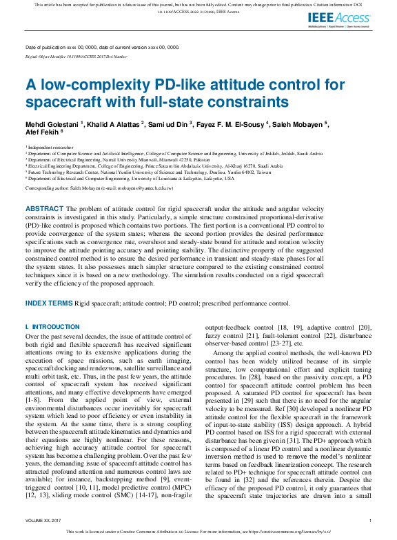 (PDF) A low-complexity PD-like attitude control for spacecraft with ...