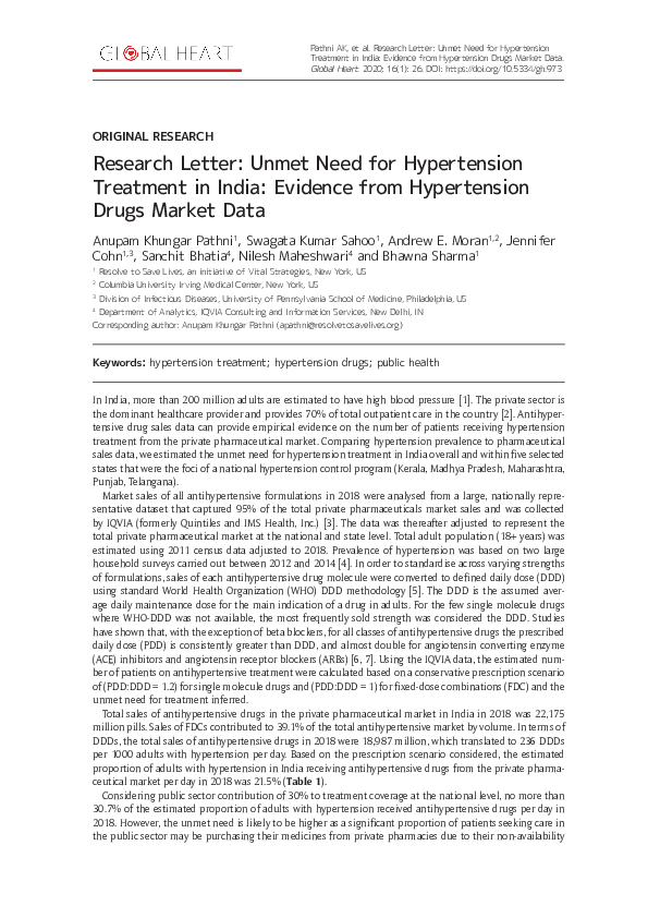 (PDF) Research Letter: Unmet Need for Hypertension Treatment in India ...