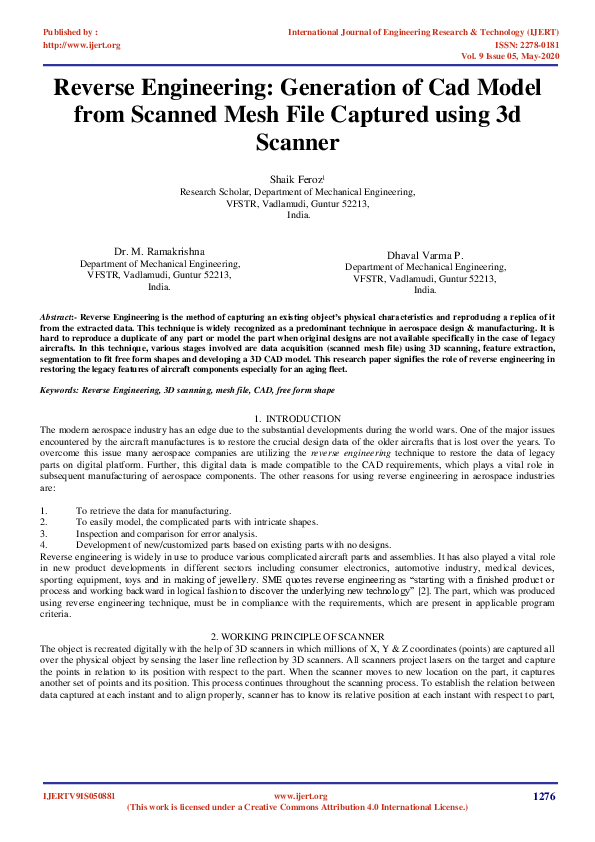 (PDF) Reverse Engineering: Generation of Cad Model from Scanned Mesh ...