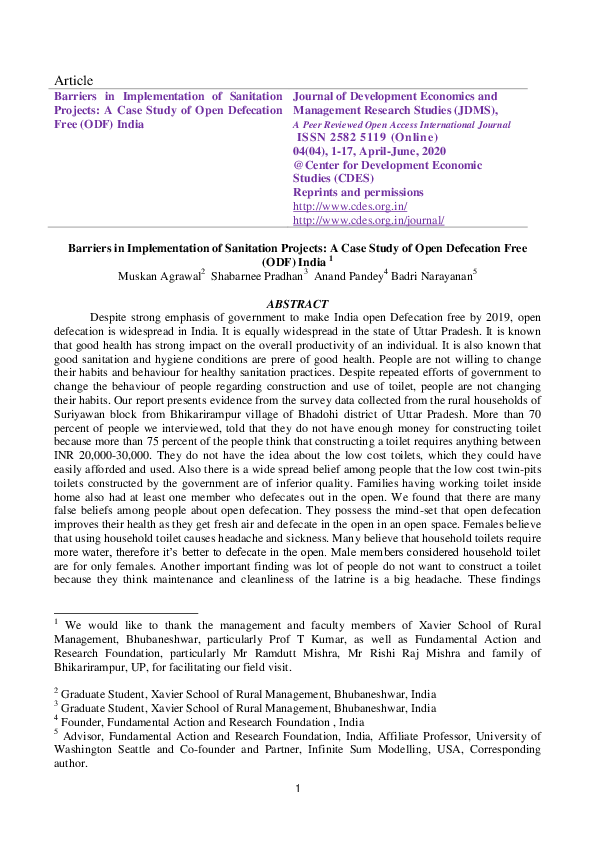 (PDF) Barriers in Implementation of Sanitation Projects: A Case Study ...