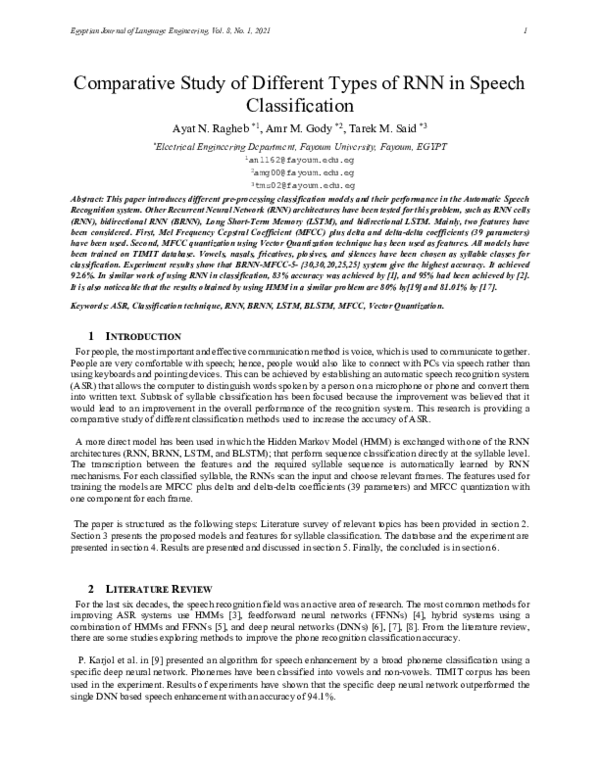(PDF) Comparative Study of different types of RNN in Speech Classification