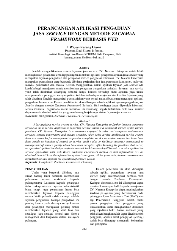 (PDF) Perancangan Aplikasi Pengaduan Jasa Service Dengan Metode Zachman Framework Berbasis Web