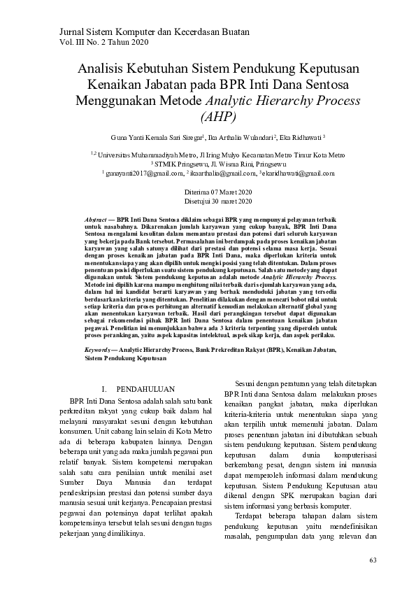 (PDF) Analisis Kebutuhan Sistem Pendukung Keputusan Kenaikan Jabatan pada BPR Inti Dana Sentosa ...