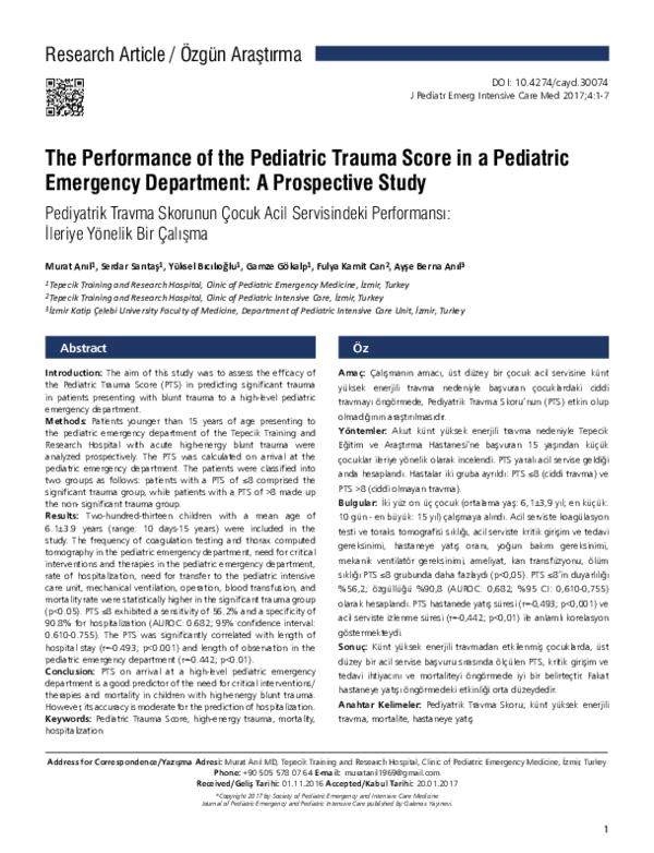 (PDF) The Performance of the Pediatric Trauma Score in a Pediatric ...