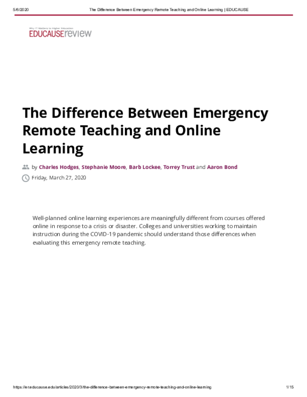 (PDF) The Difference Between Emergency Remote Teaching and Online Learning