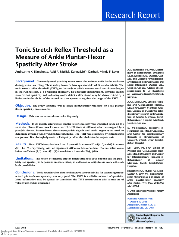 (PDF) Tonic Stretch Reflex Threshold in Ankle Spasticity Post-Stroke