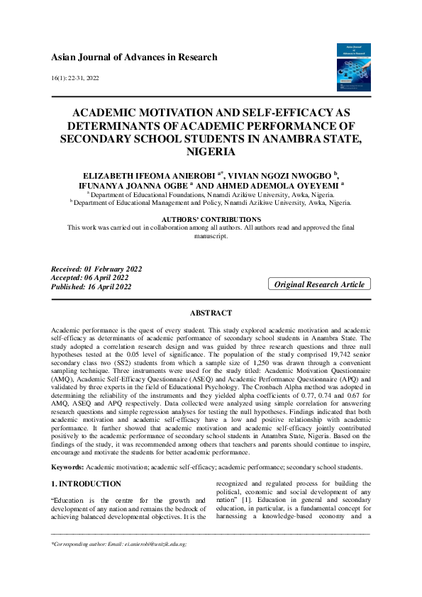 (PDF) ACADEMIC MOTIVATION AND SELF-EFFICACY AS DETERMINANTS OF ACADEMIC PERFORMANCE OF SECONDARY ...