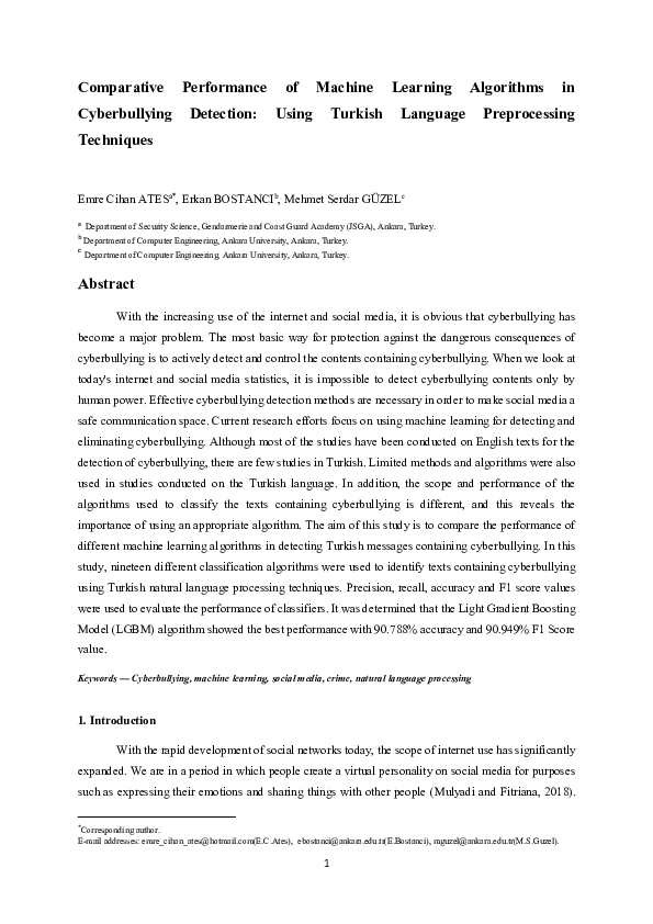 (PDF) Comparative Performance of Machine Learning Algorithms in Cyberbullying Detection: Using ...