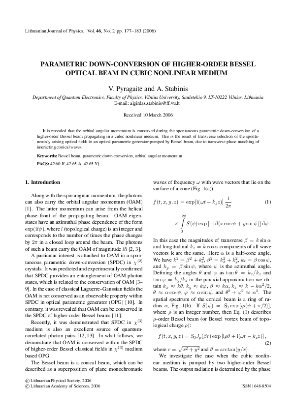 (PDF) Parametric down-conversion of higher-order Bessel optical beams in quadratic nonlinear medium