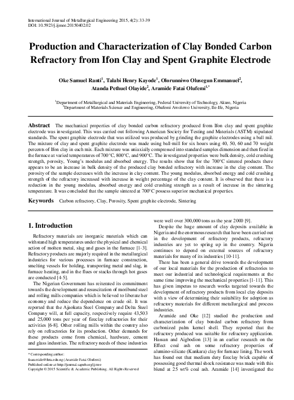 (PDF) Production and Characterization of Clay Bonded Carbon Refractory ...