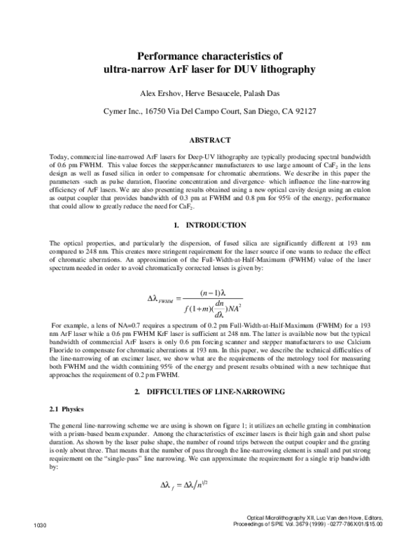 (PDF) Performance characteristics of ultranarrow ArF laser for DUV ...