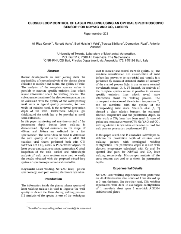 (PDF) Closed loop control of laser welding using an optical ...
