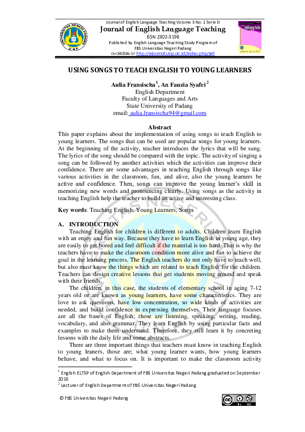 (PDF) Using Songs to Teach English to Young Learners