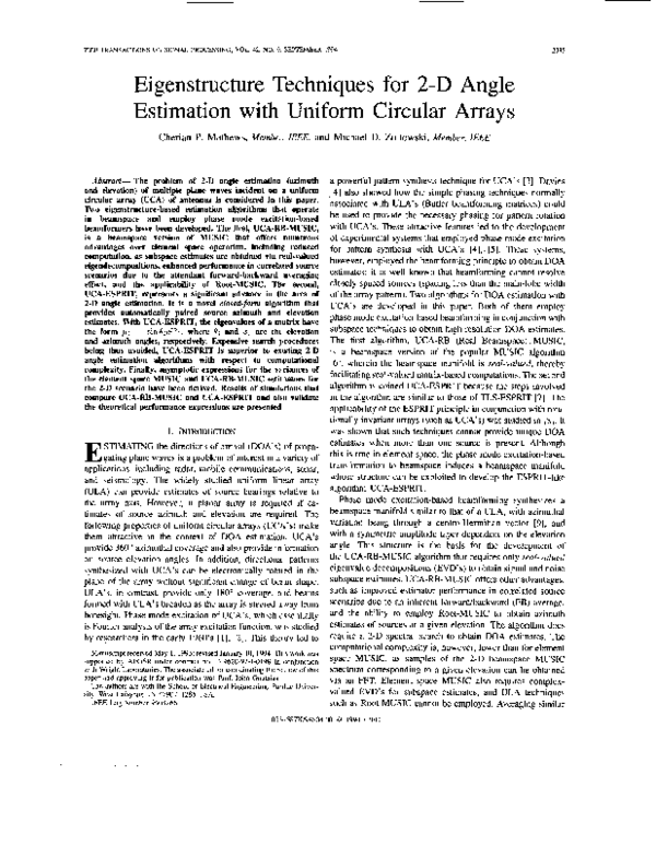 Pdf Eigenstructure Techniques For 2 D Angle Estimation With Uniform Circular Arrays