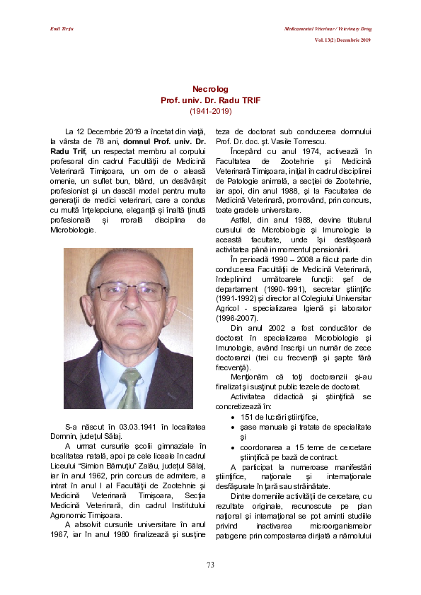 (PDF) Necrolog Prof. univ. Dr. Radu TRIF (1941-2019) | Emil Tirziu ...