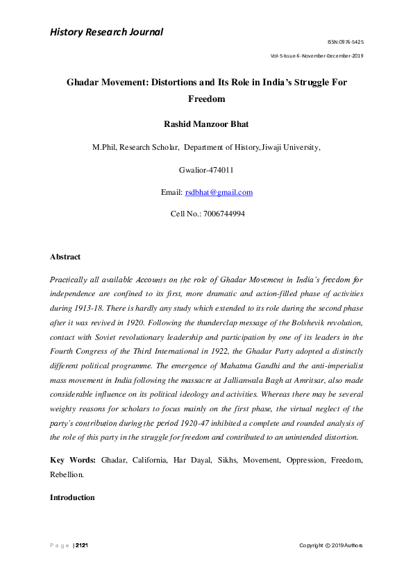 (PDF) Ghadar Movement: Distortions and Its Role in India's Struggle For ...