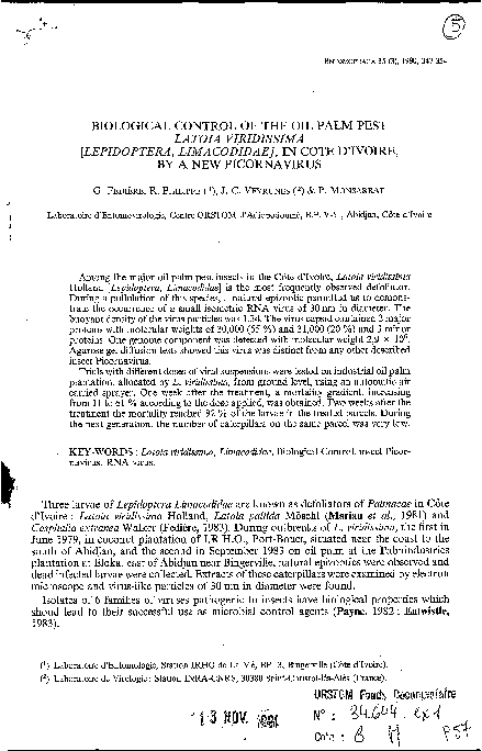 (PDF) Biological control of the oil palm pestLatoia viridissima ...