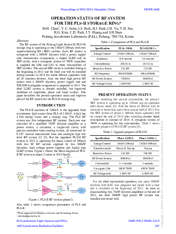(PDF) Operation Status of RF System for the PLS-II Storage Ring