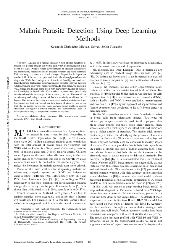 (PDF) Malaria Parasite Detection Using Deep Learning Methods