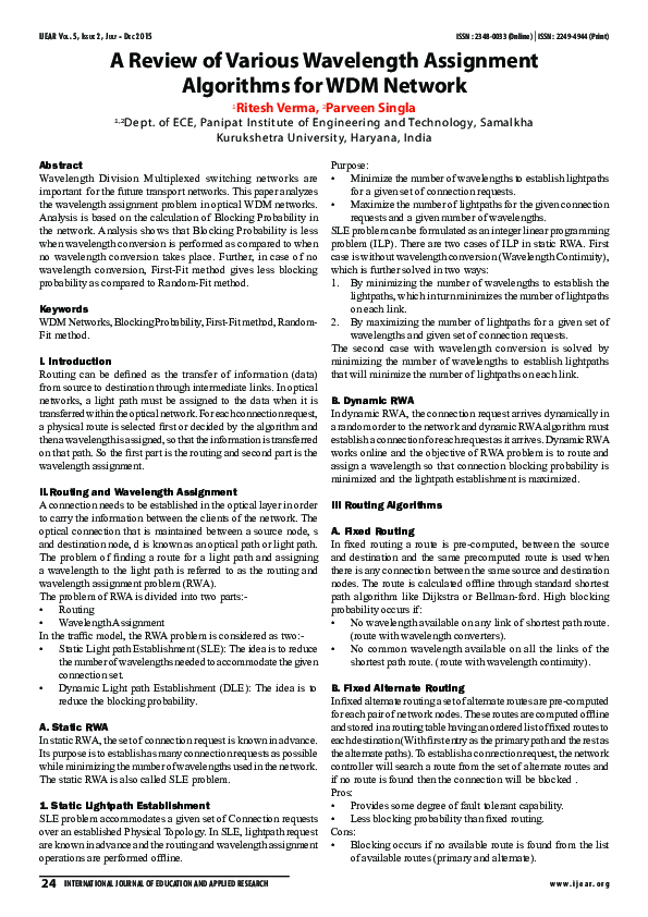 (PDF) A Review of Various Wavelength Assignment Algorithms for WDM Network