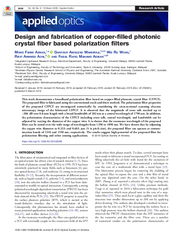 (PDF) Design and fabrication of copper-filled photonic crystal fiber ... (PDF) Design and fabrication of copper-filled photonic crystal fiber ...