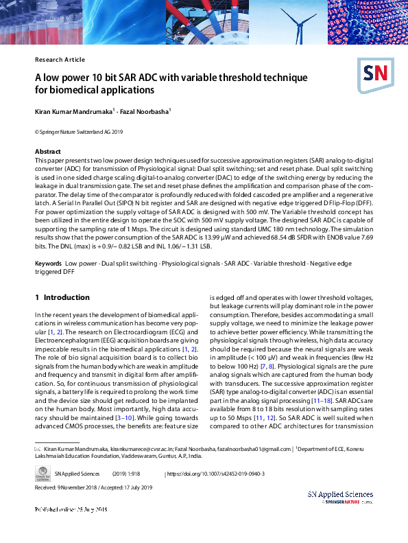 (PDF) A low power 10 bit SAR ADC with variable threshold technique for biomedical applications