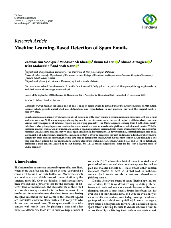 (PDF) Machine Learning-Based Detection of Spam Emails