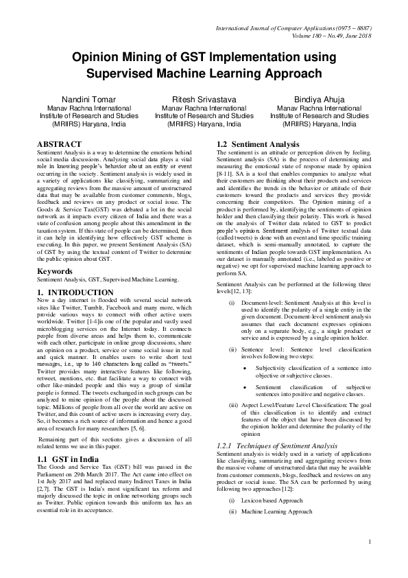 (PDF) Opinion Mining of GST Implementation using Supervised Machine Learning Approach