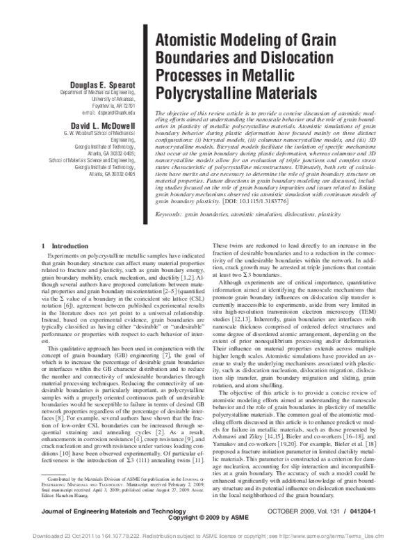 (PDF) Atomistic Modeling of Grain Boundaries and Dislocation Processes in Metallic ...