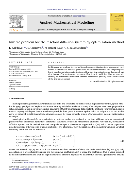 (PDF) Inverse problem for the reaction diffusion system by optimization method