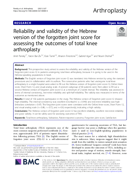 (PDF) Reliability and validity of the Hebrew version of the forgotten ...