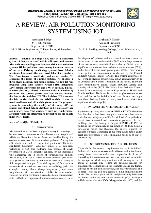 (PDF) A Review: Air Pollution Monitoring System Using Iot
